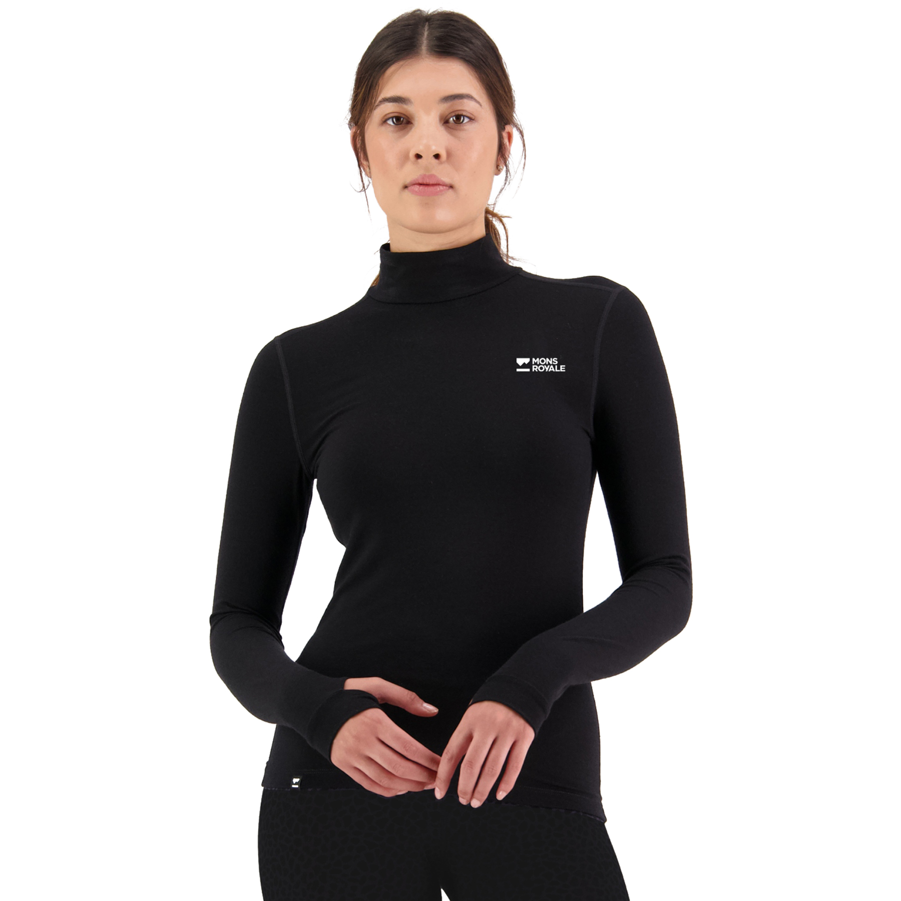 Mons Royale Cascade Merino Mock Neck Base Layer Long Sleeve Women - black